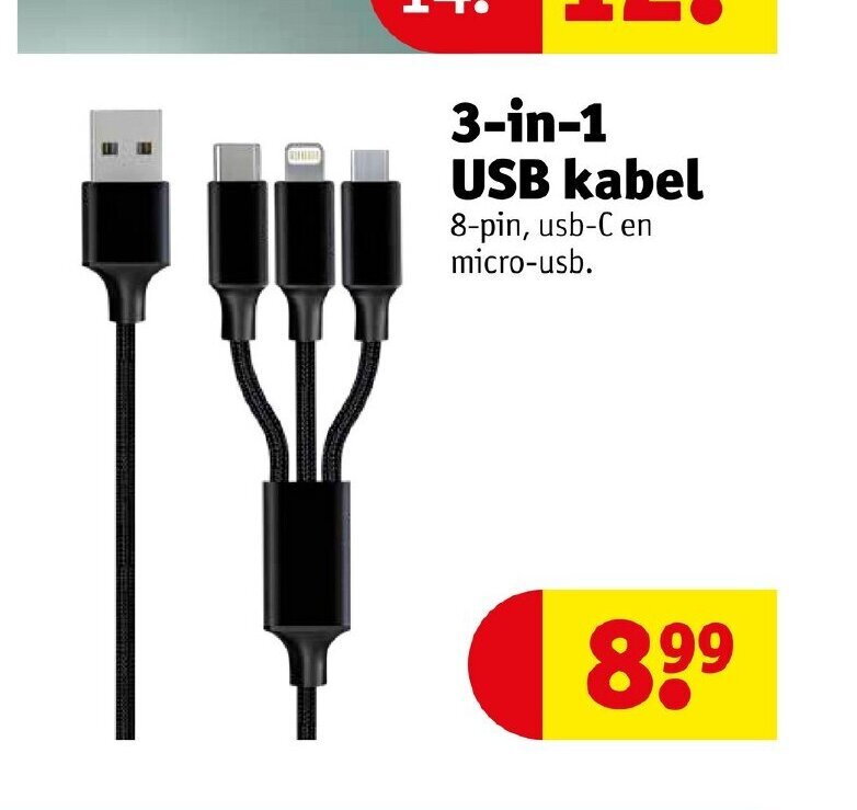 3-in-1 USB kabel 8-pin, usb-C en micro-usb. aanbieding bij Kruidvat