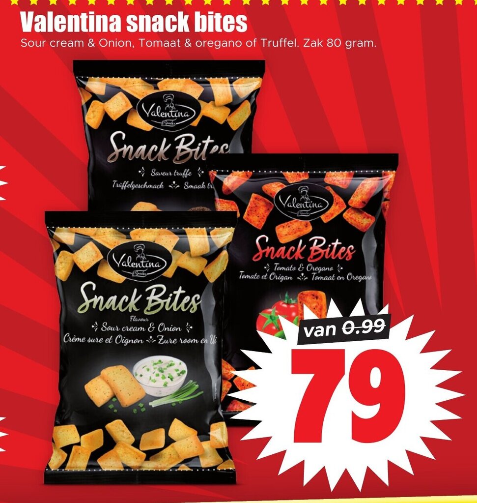 Valentina snack bites Sour cream & Onion, Tomaat & oregano of Truffel ...