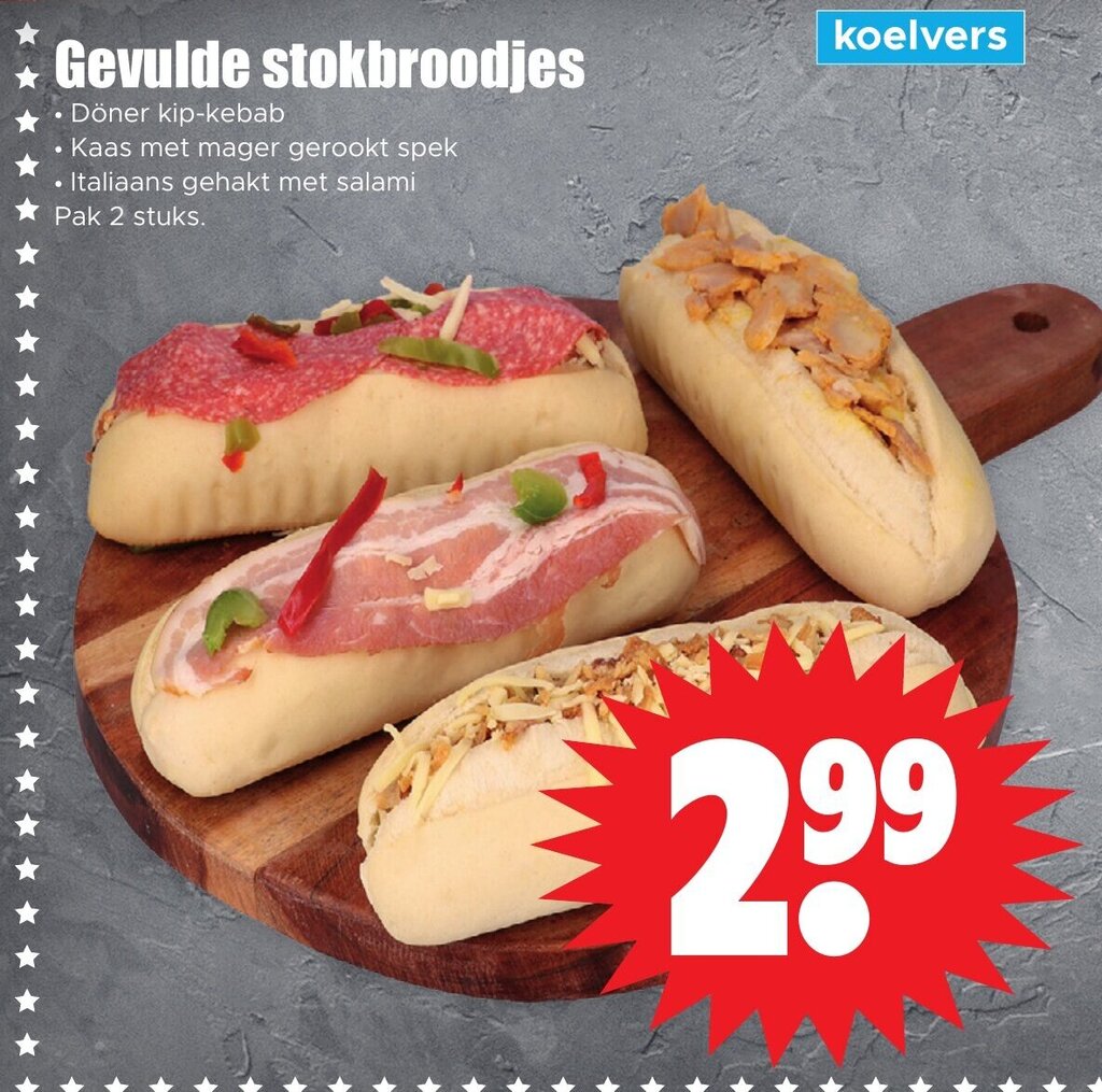 Gevulde stokbroodjes Döner kip-kebab Kaas met mager gerookt spek ...