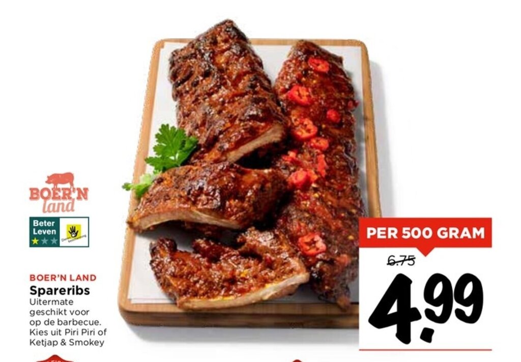 BOER'N land Spareribs Uitermate geschikt voor op de barbecue. Kies uit Piri Piri of Ketjap ...