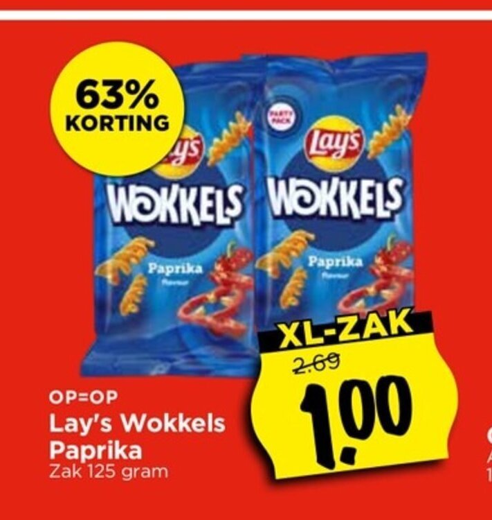 OP=OP Lay's Wokkels Paprika Zak 125 gram aanbieding bij Vomar Voordeelmarkt