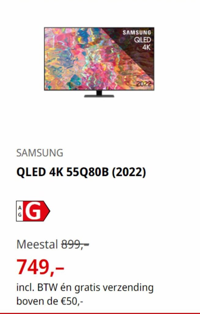 SAMSUNG QLED 4K 55Q80B (2022) incl. BTW en gratis verzending boven de 50.00 aanbieding bij ...