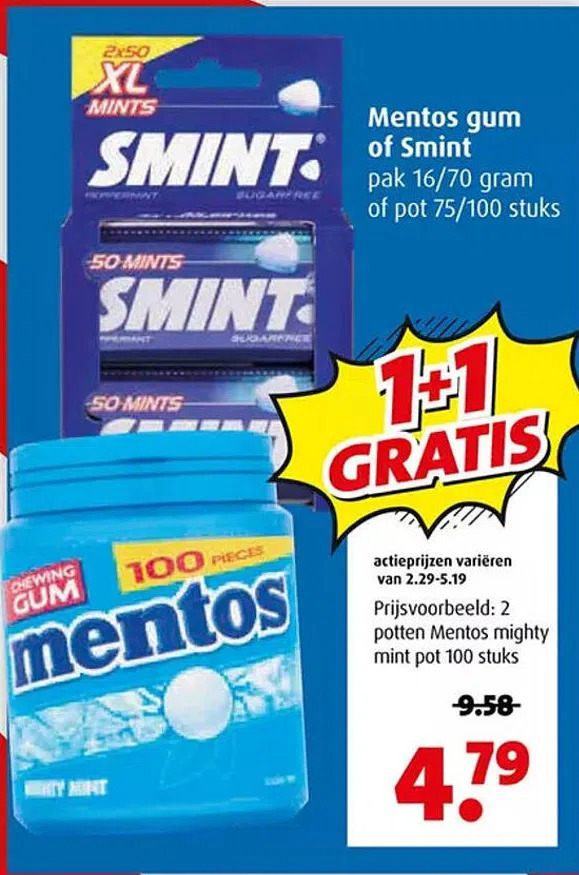 Mentos gum of smint 1+1 gratis aanbieding bij Boni