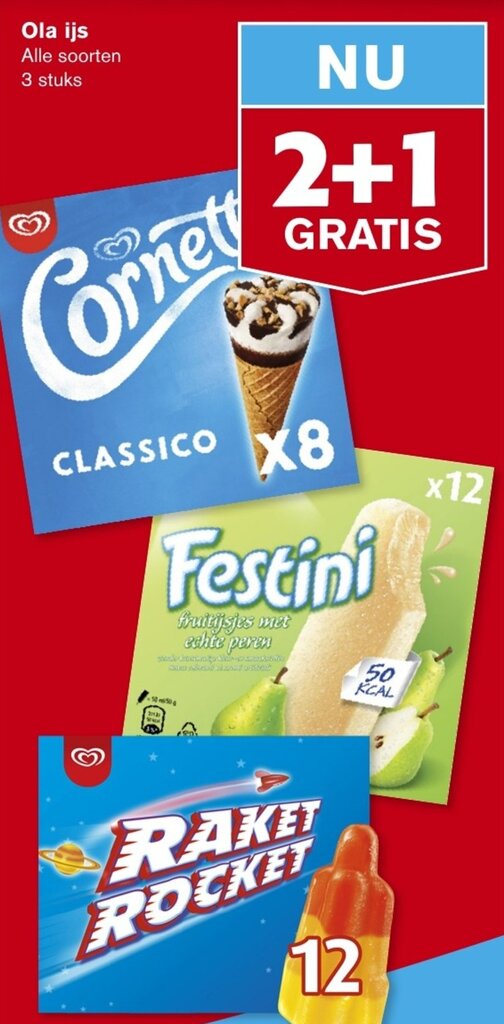 Ola ijs Alle soorten 3 stuks 2+1 gratis aanbieding bij Hoogvliet