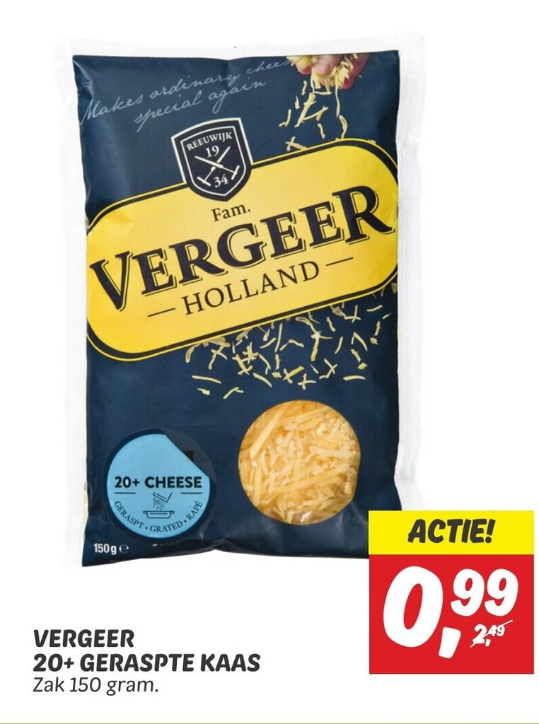 VERGEER 20+ GERASPTE KAAS Zak 150 gram. aanbieding bij Dekamarkt