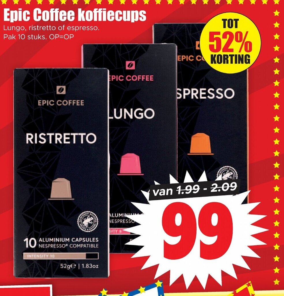 Epic Coffee koffiecups Lungo, ristretto of espresso. Pak 10 stuks. aanbieding bij Dirk