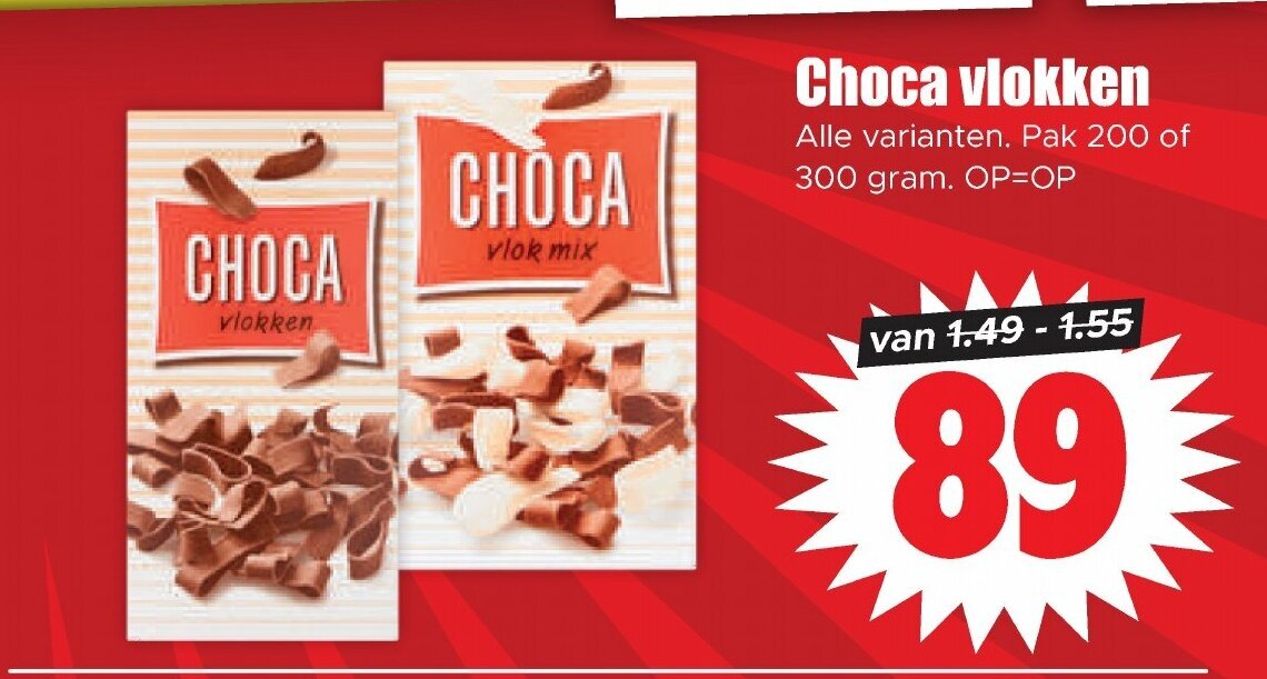 Choca vlokken Alle varianten. Pak 200 of 300 gram. aanbieding bij Dirk