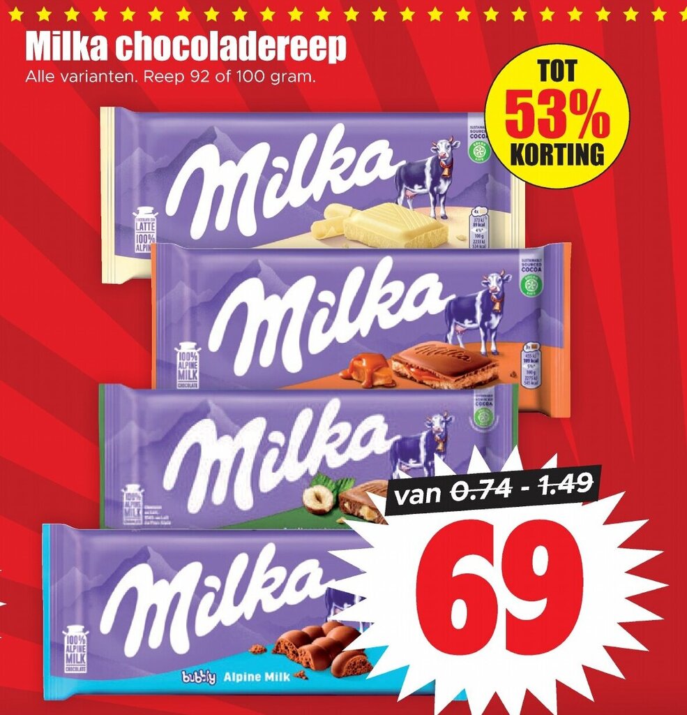 Milka chocoladereep Alle varianten. Reep 92 of 100 gram. aanbieding bij ...