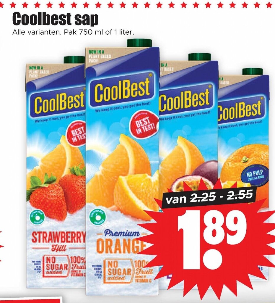 Coolbest sap Alle varianten. Pak 750 ml of 1 liter. aanbieding bij Dirk