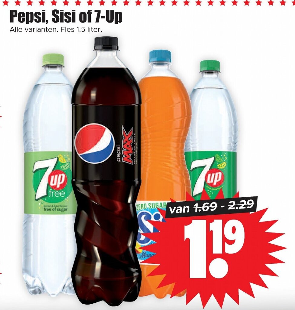Pepsi, Sisi of 7-Up Alle varianten. Fles 1.5 liter. aanbieding bij Dirk
