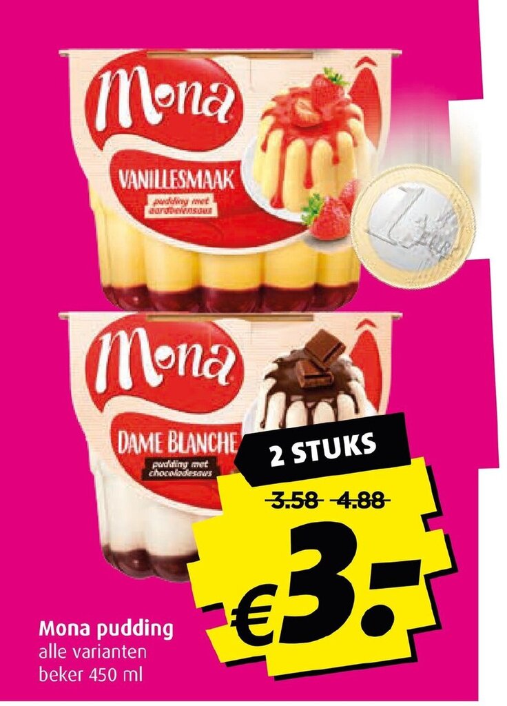 Mona pudding alle varianten beker 450 ml 2 stuks aanbieding bij Boni
