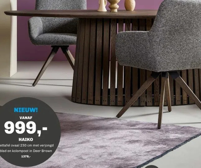 Haiko eettafel ovaal 230 cm met verjongd blad en kolompoot in deer ...