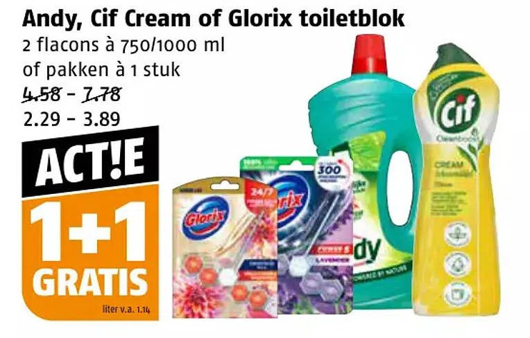 Andy, cif cream of glorix toiletblok 1+1 gratis, vanaf aanbieding bij ...