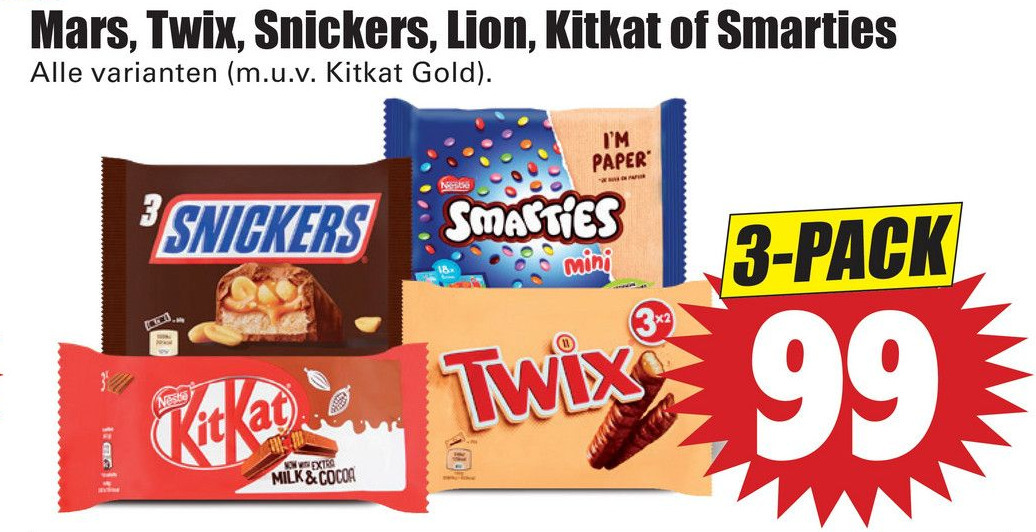 Mars, Twix, Snickers, Lion, Kitkat of Smarties aanbieding bij Dirk
