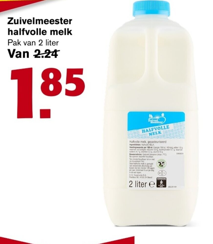 Zuivelmeester halfvolle melk Pak van 2 liter aanbieding bij Hoogvliet