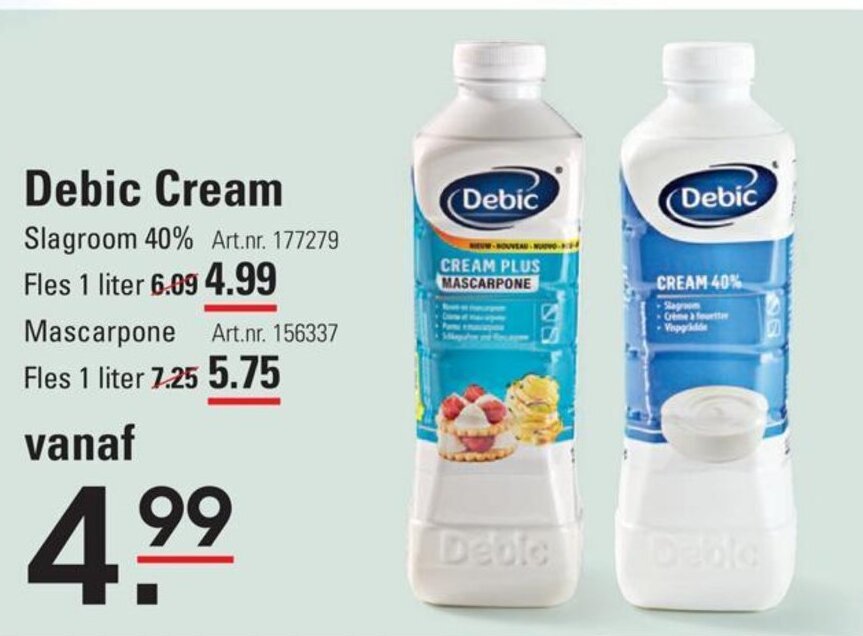 Debic Cream Slagroom 40% Fles 1 liter aanbieding bij Sligro