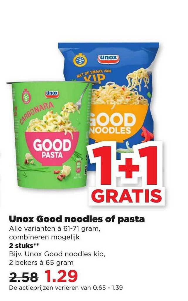 Unox Good Noodles Of Pasta 1+1 Gratis aanbieding bij PLUS