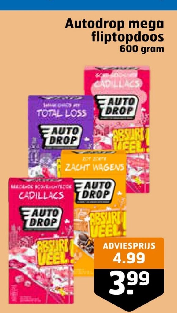 Autodrop mega fliptopdoos 600 gram aanbieding bij Trekpleister