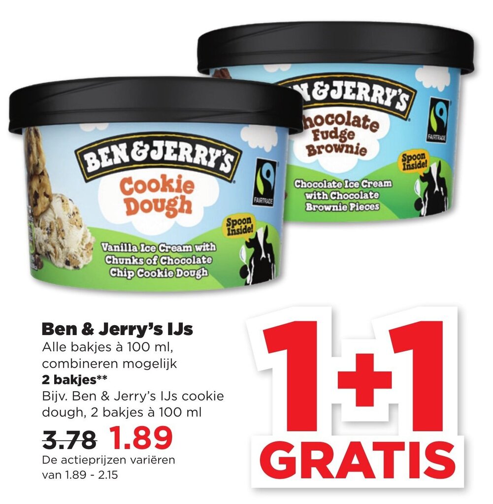 Ben And Jerrys Ijs Cookie Dough 2 Bakjes à 100 Ml Aanbieding Bij Plus