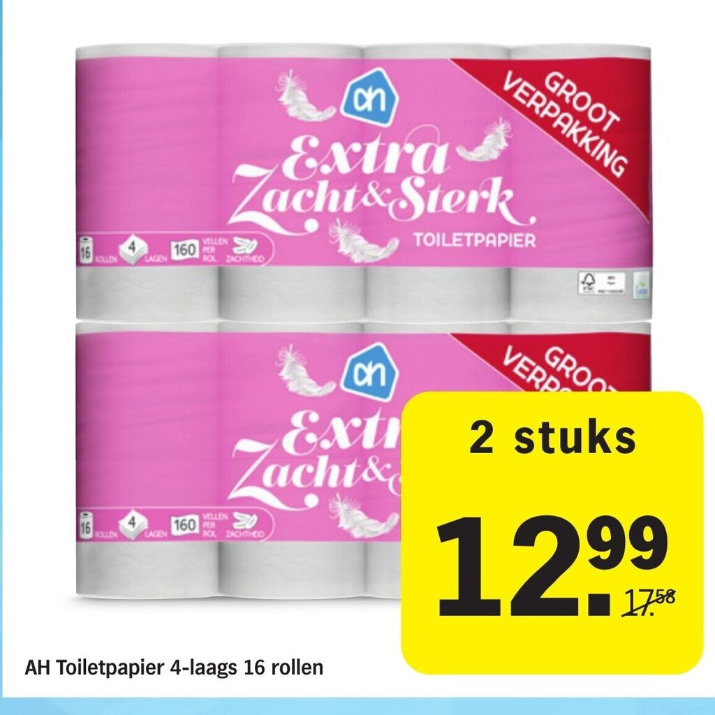 AH Toiletpapier 4-laags 16 rollen aanbieding bij Albert Heijn
