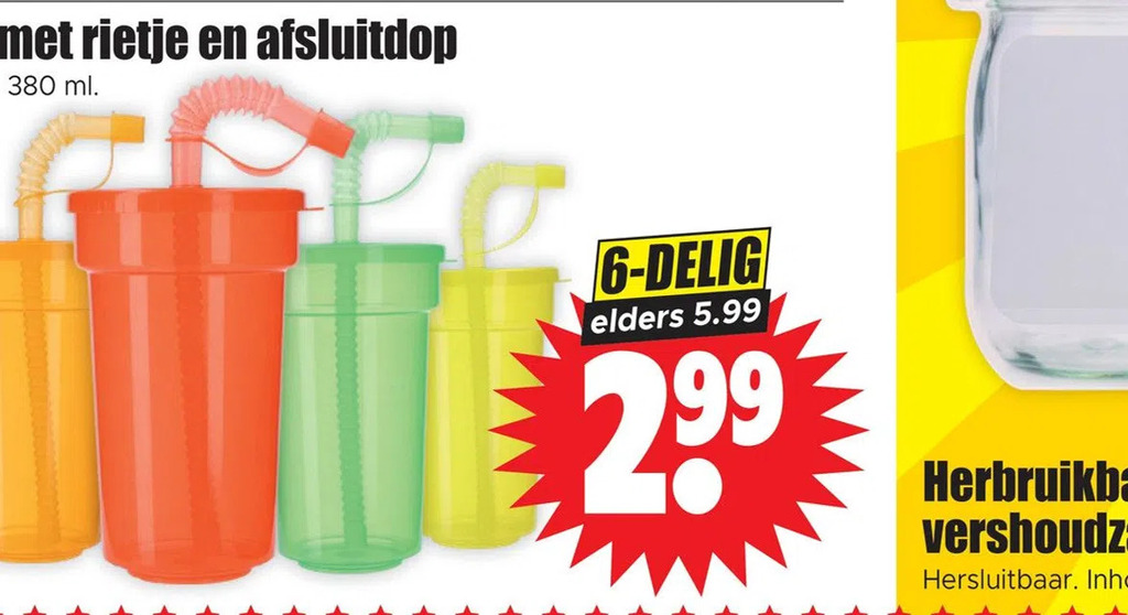 Beker met rietje en afsluitdop aanbieding bij Dirk