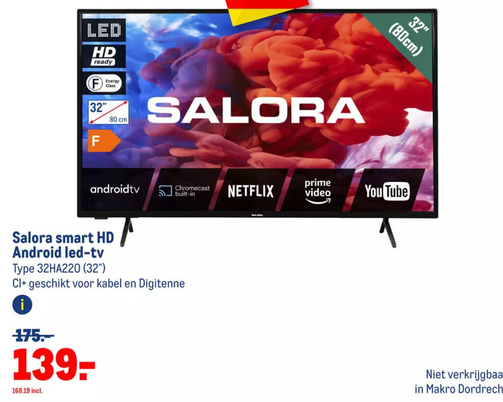 Salora smart HD Android led-tv Type 32HA220 (32") aanbieding bij Makro