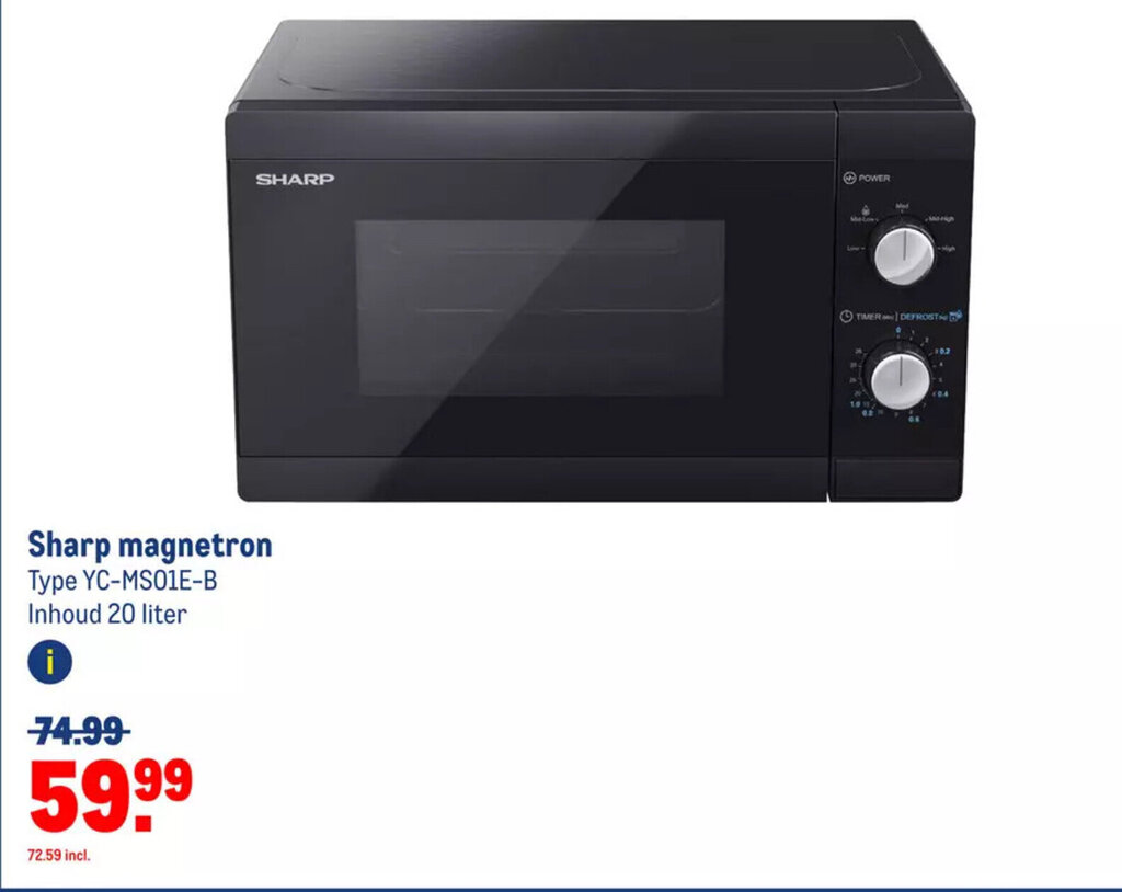 Sharp magnetron Type YC-MS01E-B Inhoud 20 liter aanbieding bij Makro
