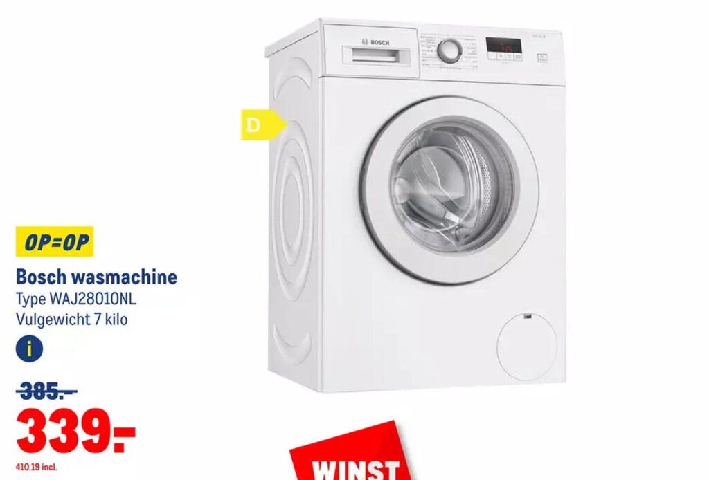 Bosch wasmachine Type WAJ28010NL Vulgewicht 7 kilo aanbieding bij Makro