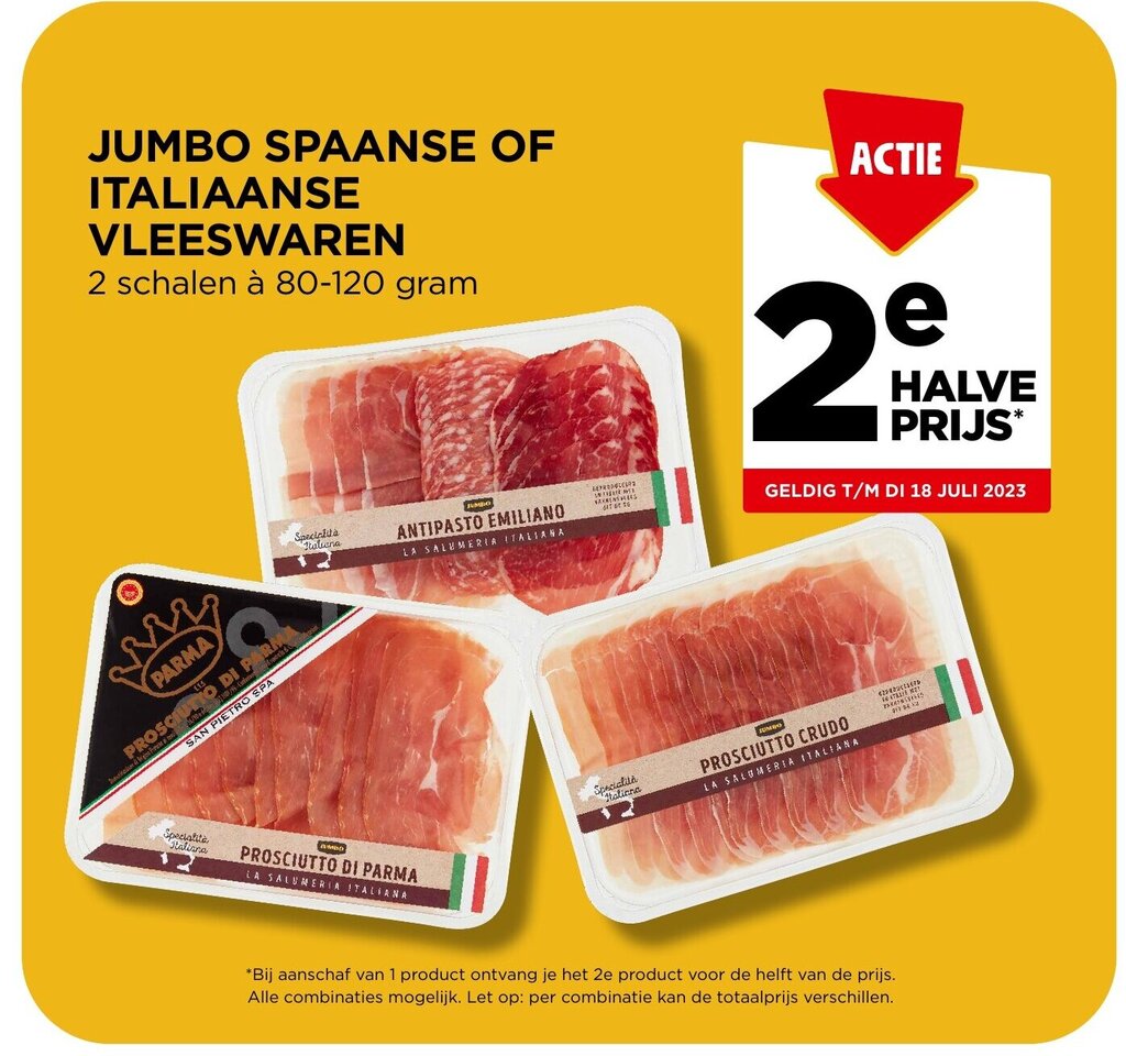 JUMBO SPAANSE OF ITALIAANSE VLEESWAREN 2 schalen à 80-120 gram ...