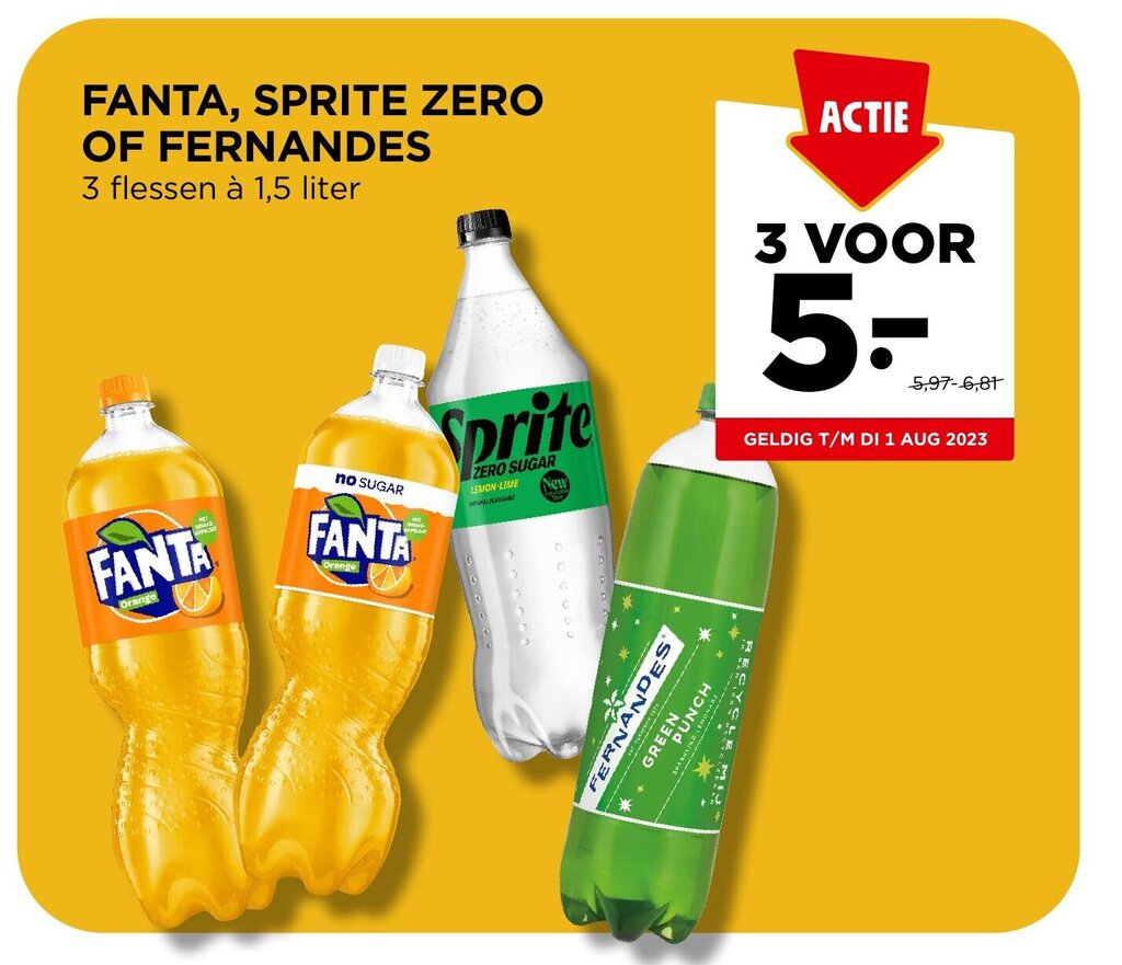 FANTA, SPRITE ZERO OF FERNANDES 3 flessen à 1,5 liter aanbieding bij Jumbo
