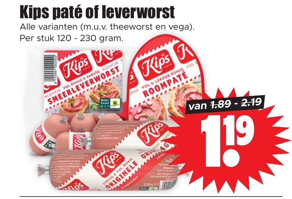 Kips paté of leverworst per stuk 120- 230g aanbieding bij Dirk