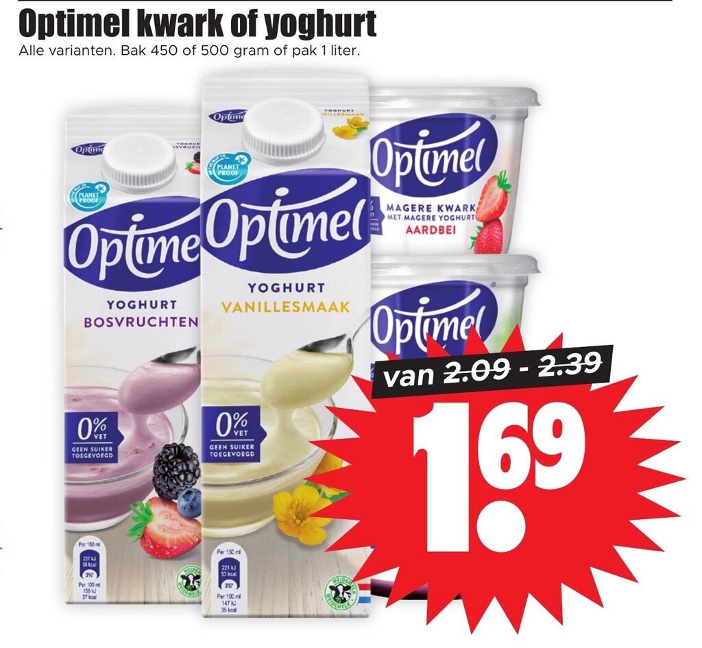 Optimel kwark of yoghurt 450 of 500g of pak 1L aanbieding bij Dirk
