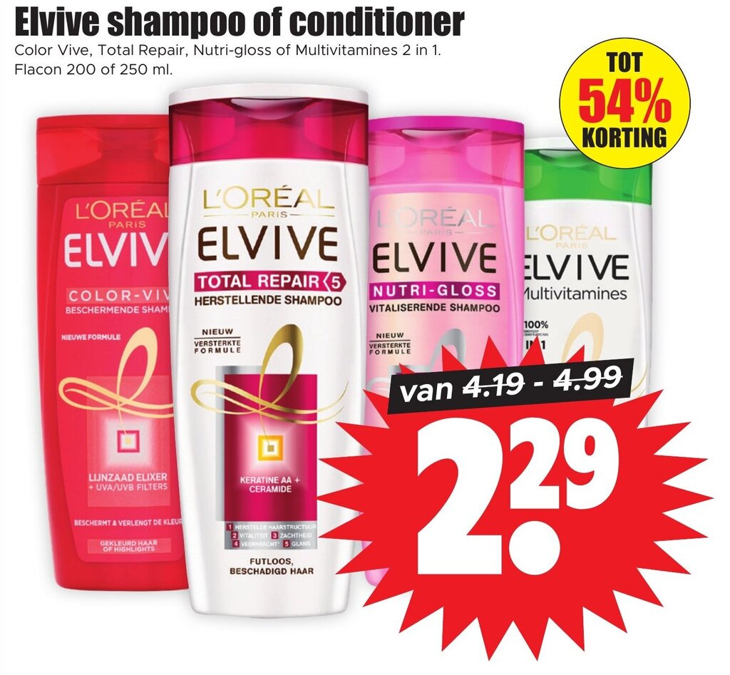 Elvive shampoo of conditioner 200 of 250ml aanbieding bij Dirk