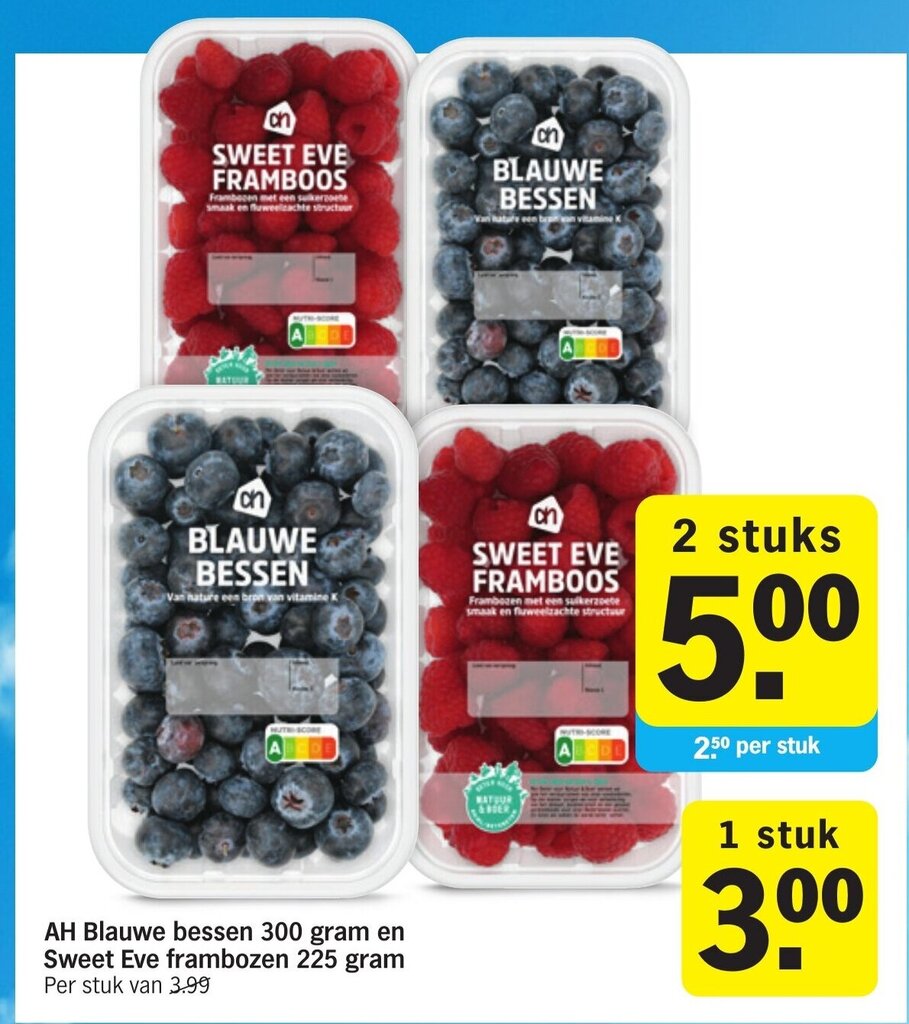 AH Blauwe bessen 300 gram en Sweet Eve frambozen 225 gram aanbieding ...