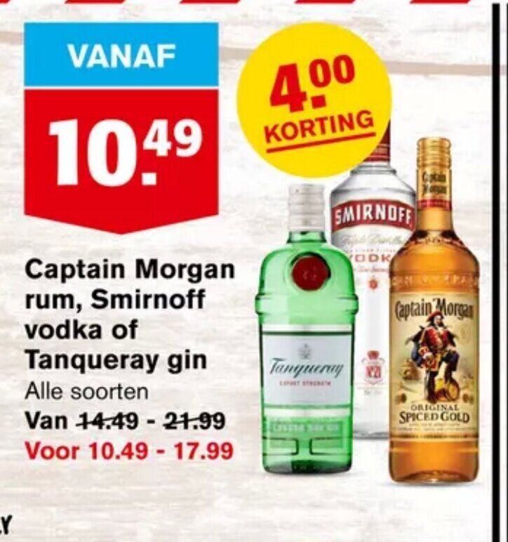 Captain Morgan rum, Smirnoff vodka of Tanqueray aanbieding bij Hoogvliet