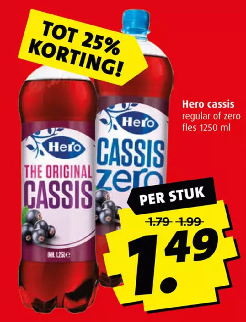 Hero cassis regular of zero fles 1250 ml aanbieding bij Boni