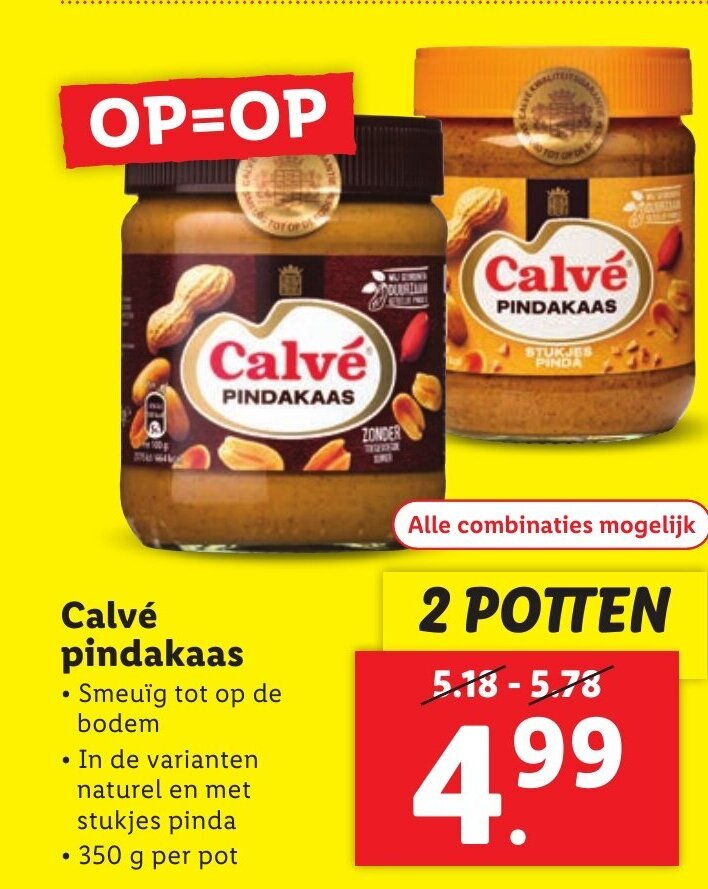 Calvé pindakaas 350g 2 POTTEN aanbieding bij Lidl