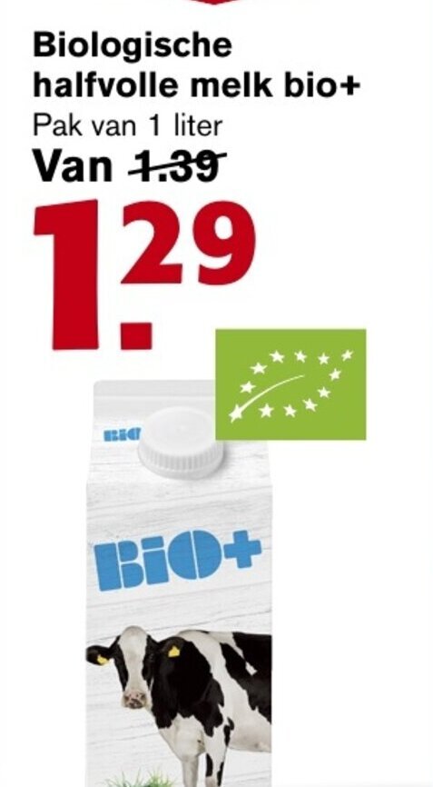 Biologische halfvolle melk bio+ Pak van 1 liter aanbieding bij Hoogvliet