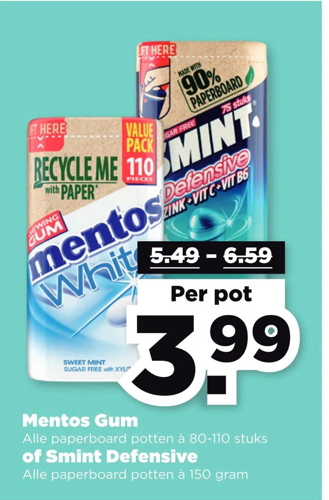 Mentos gum of smint defensive aanbieding bij PLUS