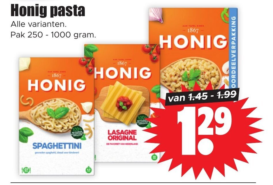 Honig pasta Pak 250 - 1000 gram. aanbieding bij Dirk