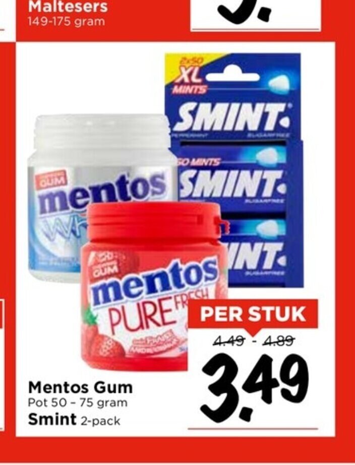 Mentos Gum Pot 50 - 75 gram Smint 2-pack aanbieding bij Vomar