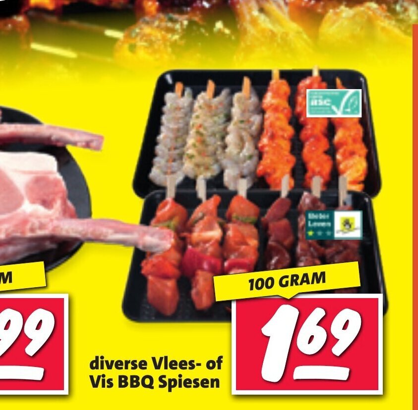 diverse Vlees- of Vis BBQ Spiesen 100 GRAM aanbieding bij Nettorama