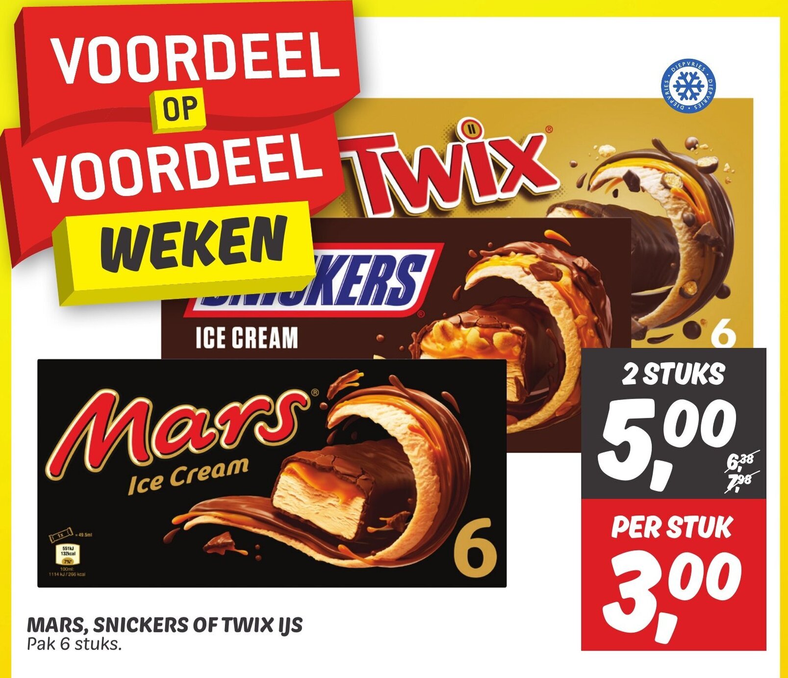 MARS, SNICKERS OF TWIX IJS Pak 6 stuks. aanbieding bij Dekamarkt
