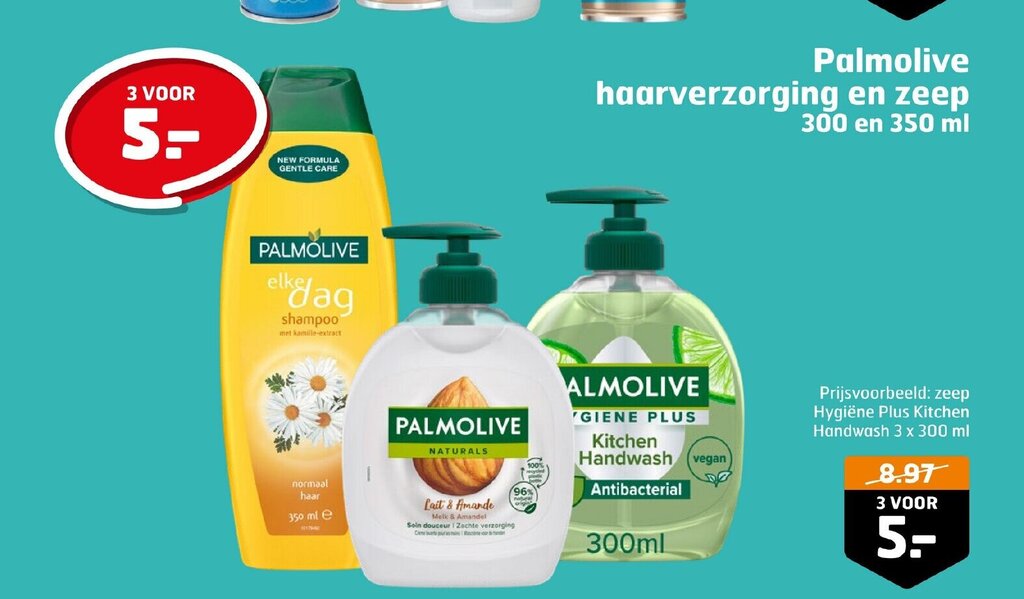 Palmolive haarverzorging en zeep 300 en 350 ml aanbieding bij Trekpleister