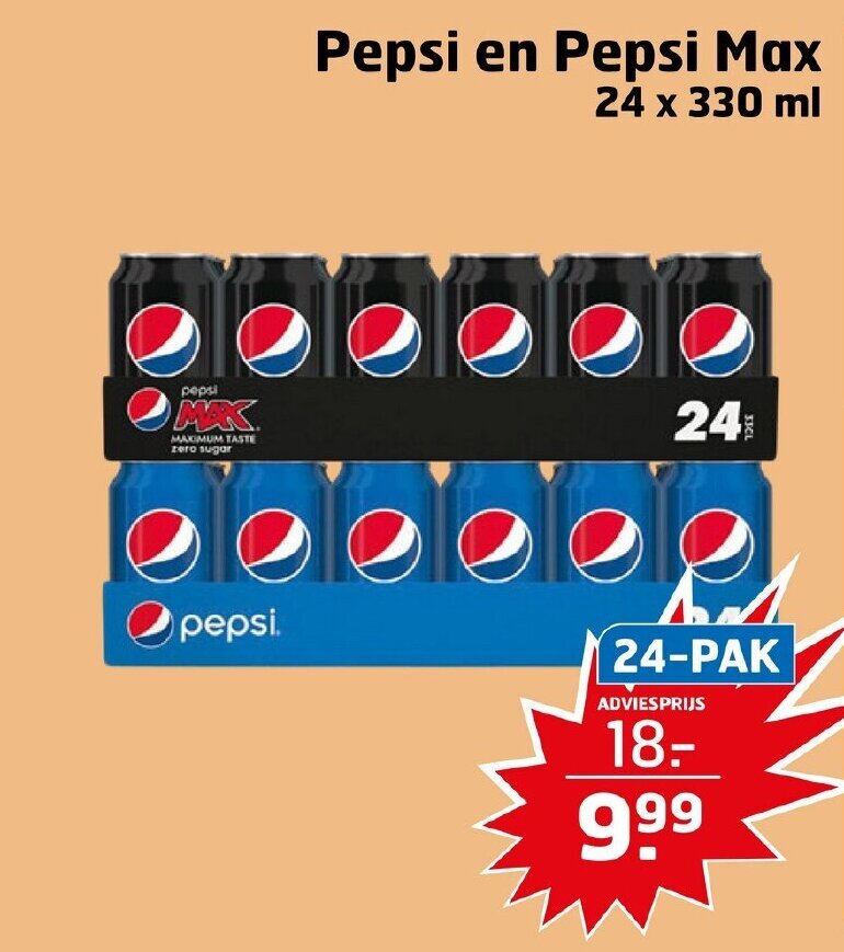 Pepsi en Pepsi Max 24 x 330ml aanbieding bij Trekpleister