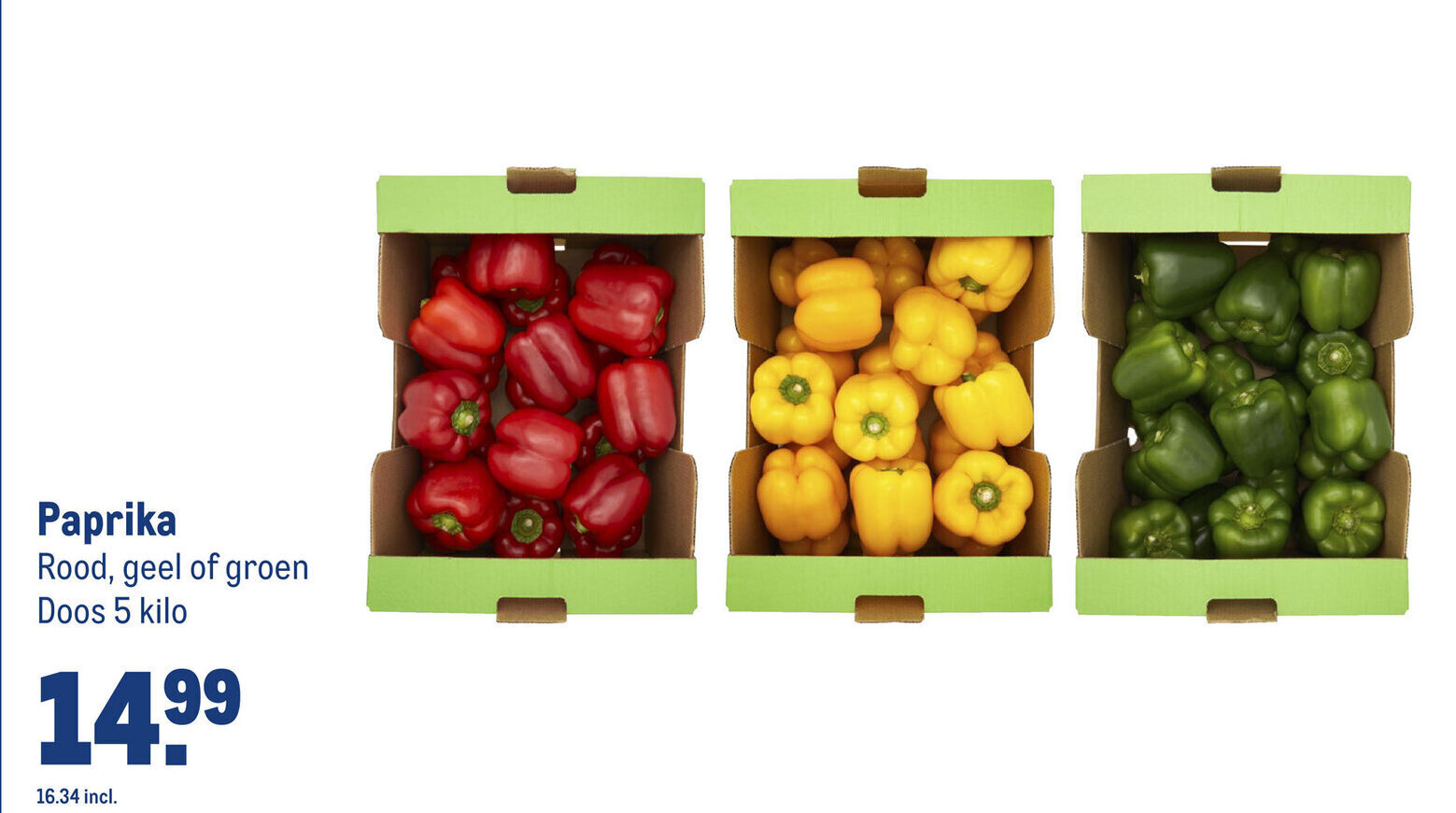 Paprika Rood, geel of groen Doos 5 kilo aanbieding bij Makro