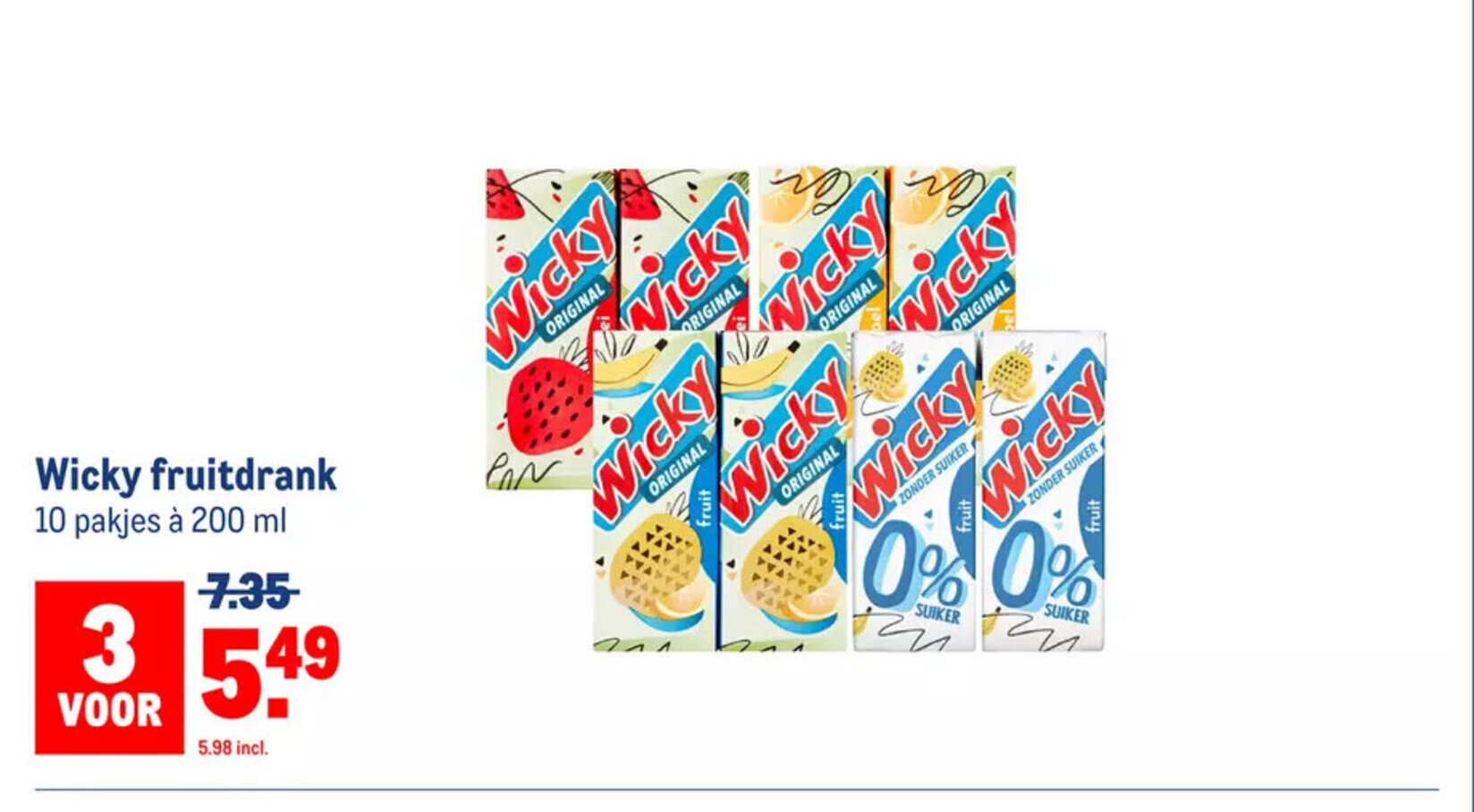 Wicky fruitdrank 10 pakjes à 200 ml aanbieding bij Makro