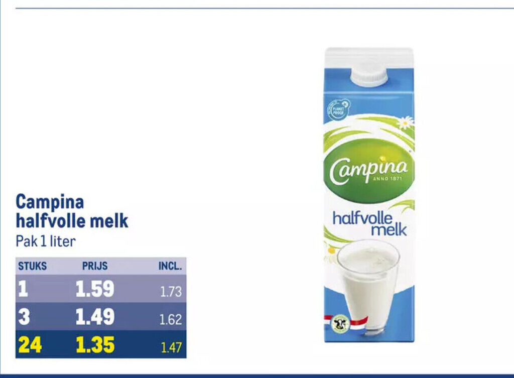 Campina halfvolle melk Pak 1 liter aanbieding bij Makro