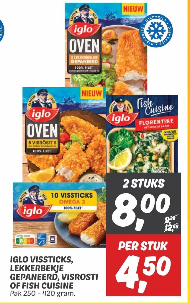 IGLO VISSTICKS, LEKKERBEKJE GEPANEERD, VISROSTI OF FISH CUISINE Pak 250 ...