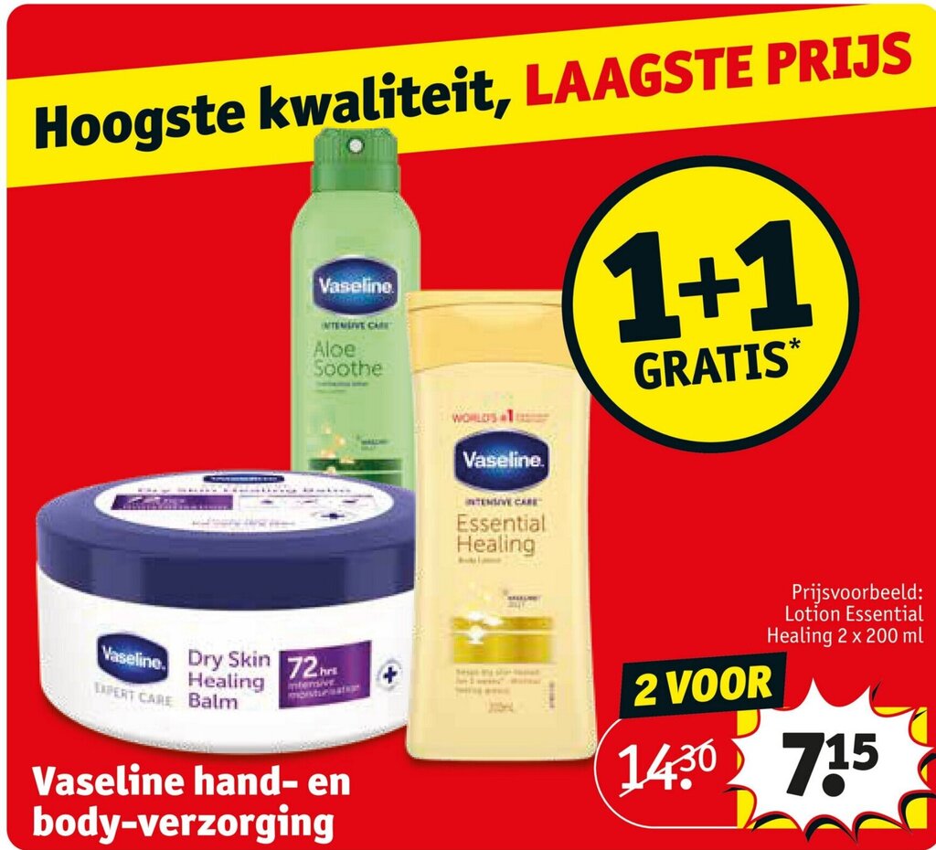 Vaseline hand- en body-verzorging 1+1 gratis aanbieding bij Kruidvat